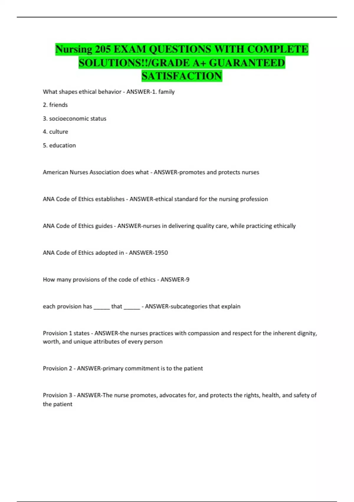 Nursing 205 EXAM QUESTIONS WITH COMPLETE SOLUTIONS!!/GRADE A+ ...