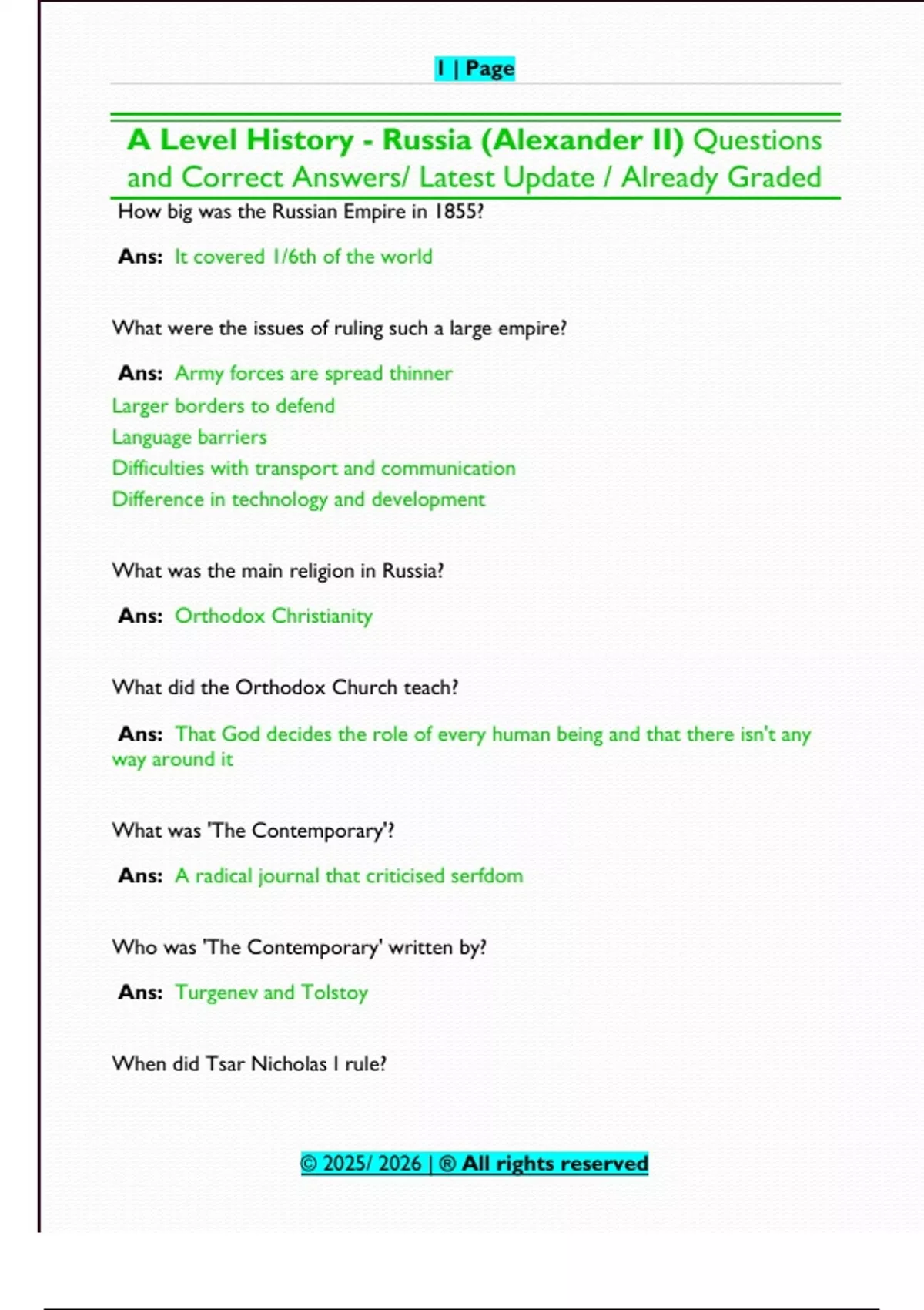 A Level History – Russia (Alexander II) – Model Answers for Exam ...