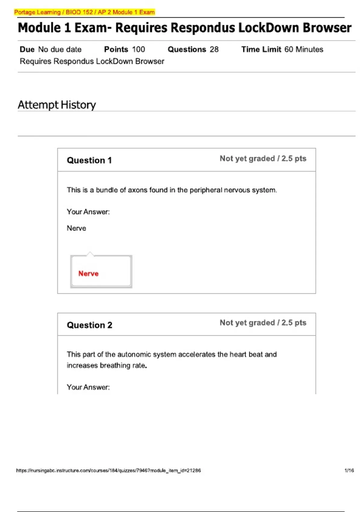 Portage Learning BIOD 152 AP 2 Module 1 Exam with complete solutions ...