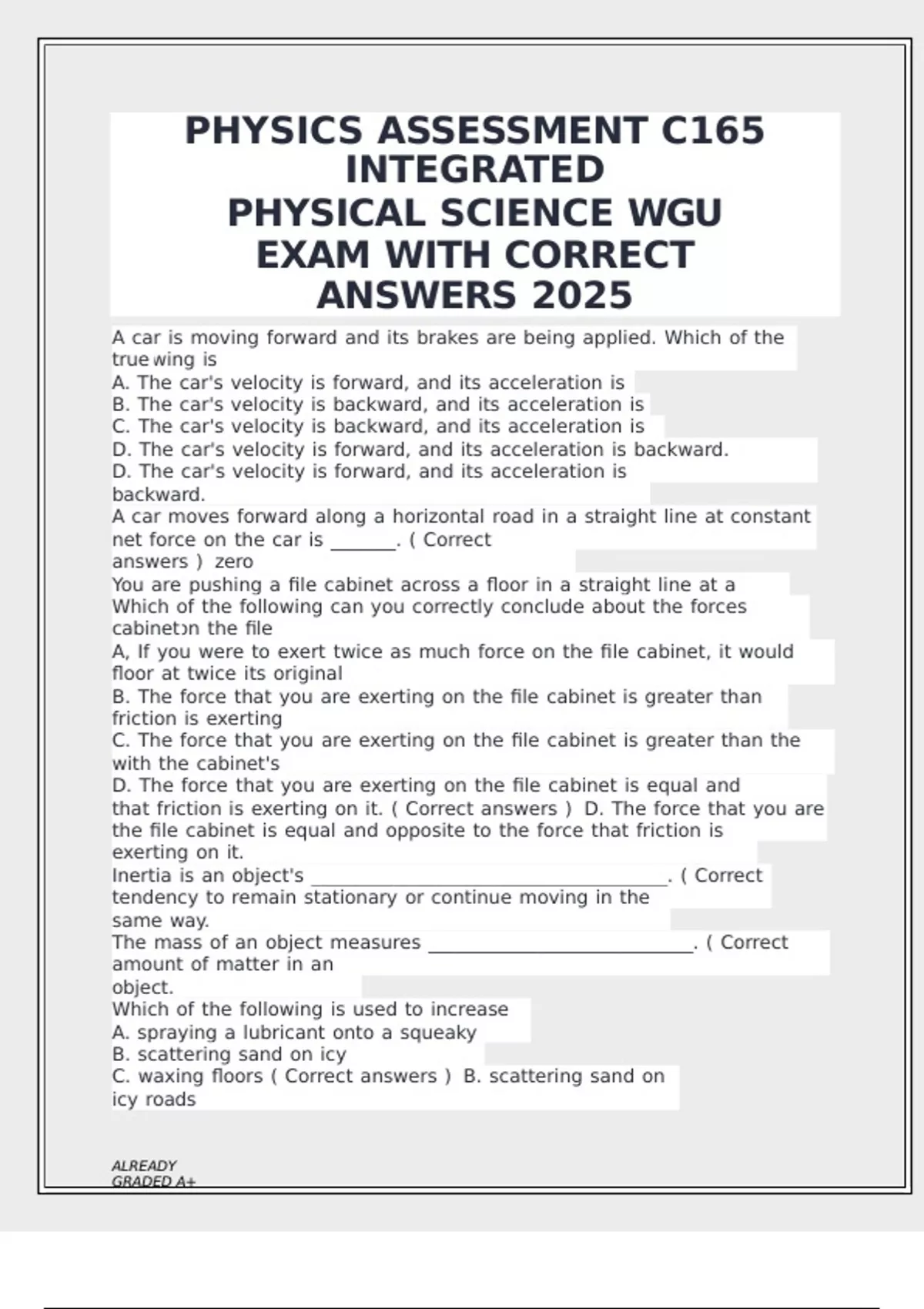 PHYSICS ASSESSMENT C165 INTEGRATED PHYSICAL SCIENCE WGU EXAM WITH ...