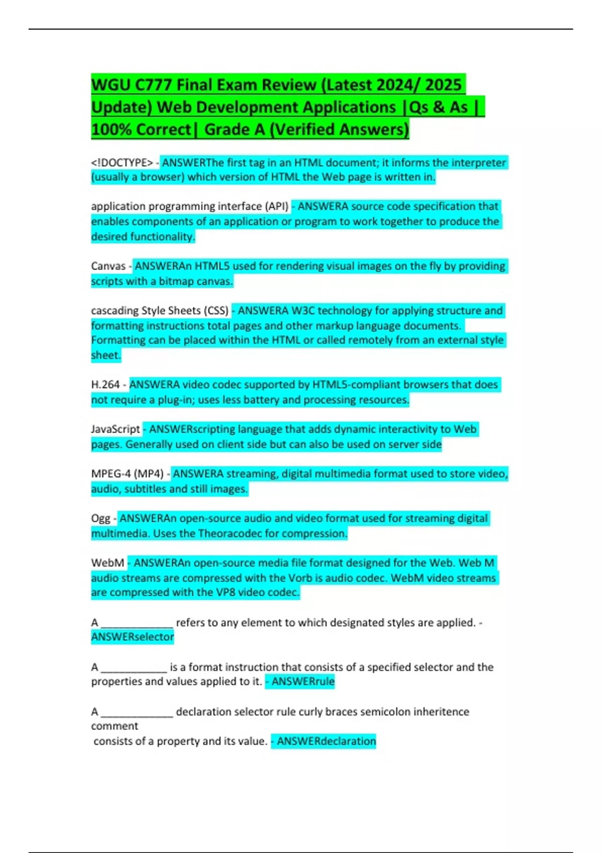 WGU C777 Final Exam Review (Latest 2024/ 2025 Update) Web Development ...