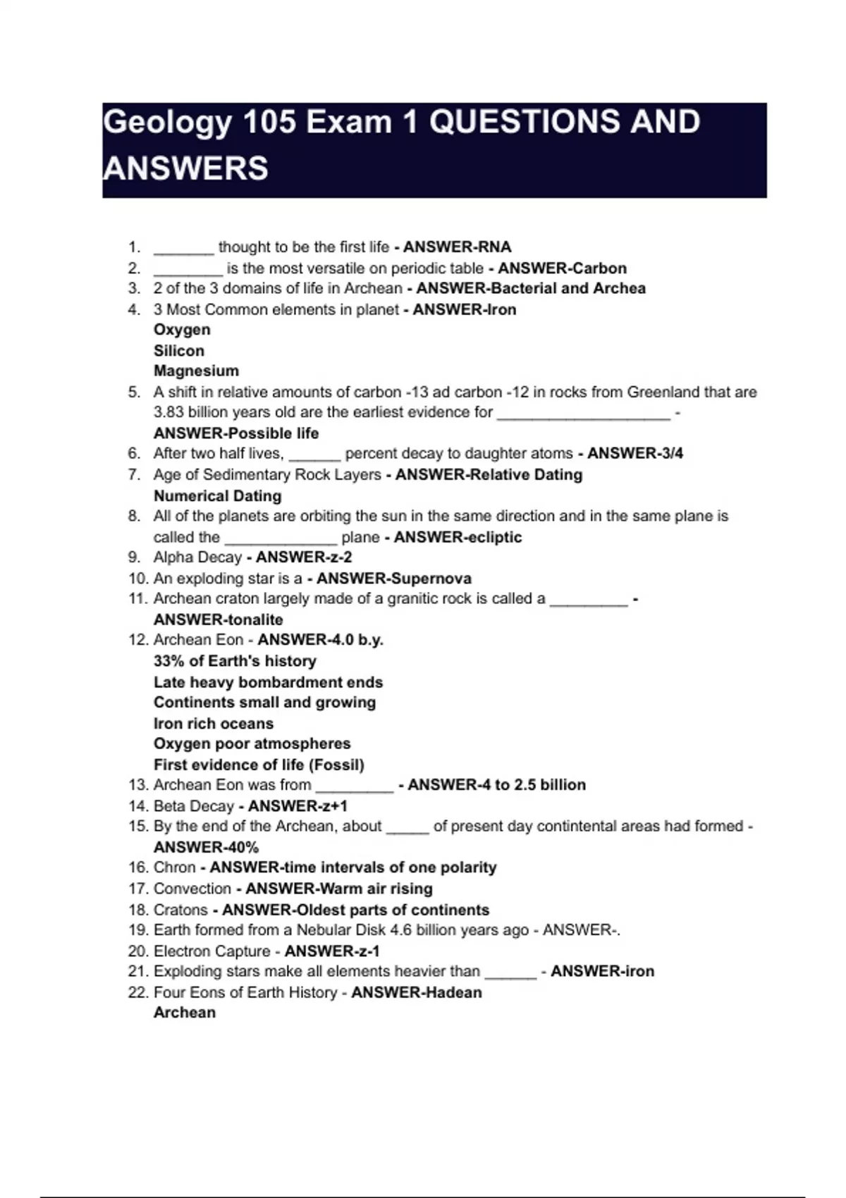Geology 105 Exam 1 QUESTIONS AND ANSWERS - Geology 105 - Stuvia US