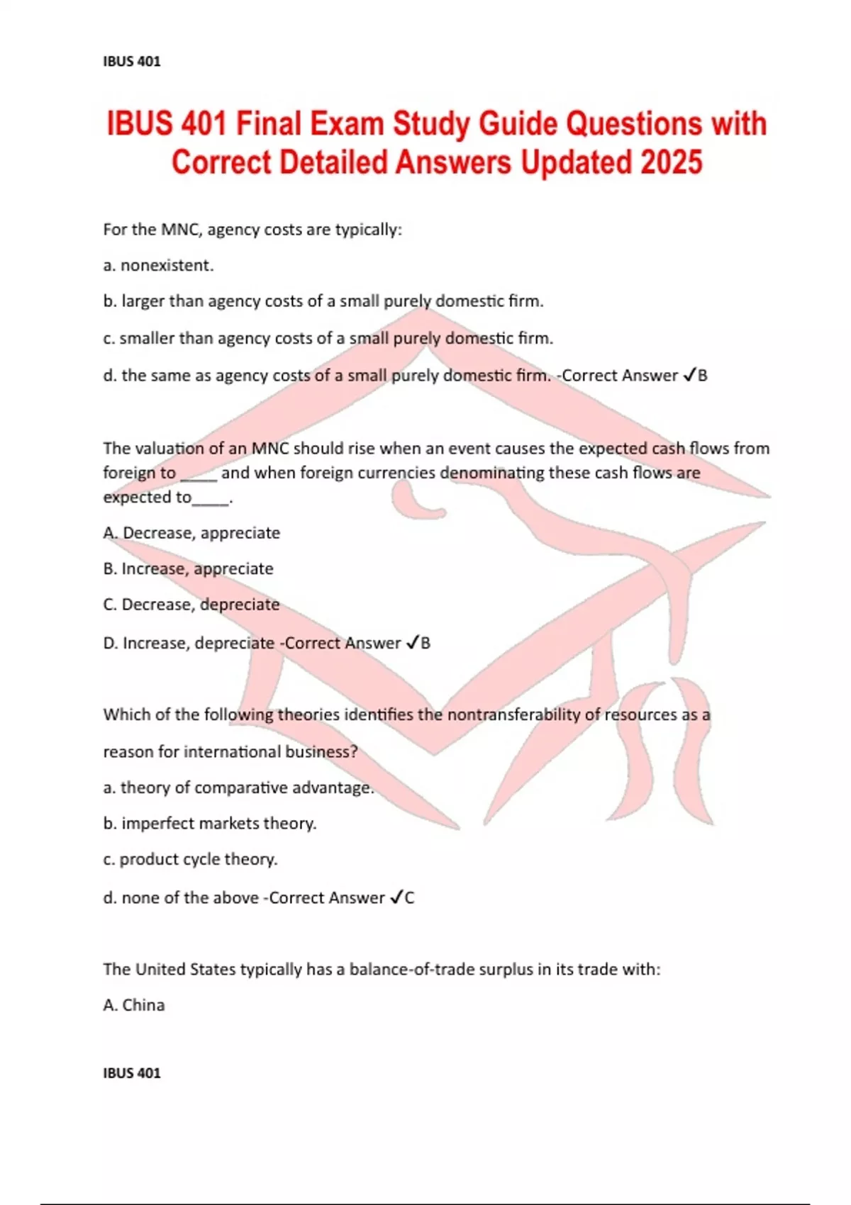 IBUS 401 Final Exam Study Guide Questions with Correct Detailed Answers Updated 2025 - IBUS 401 ...