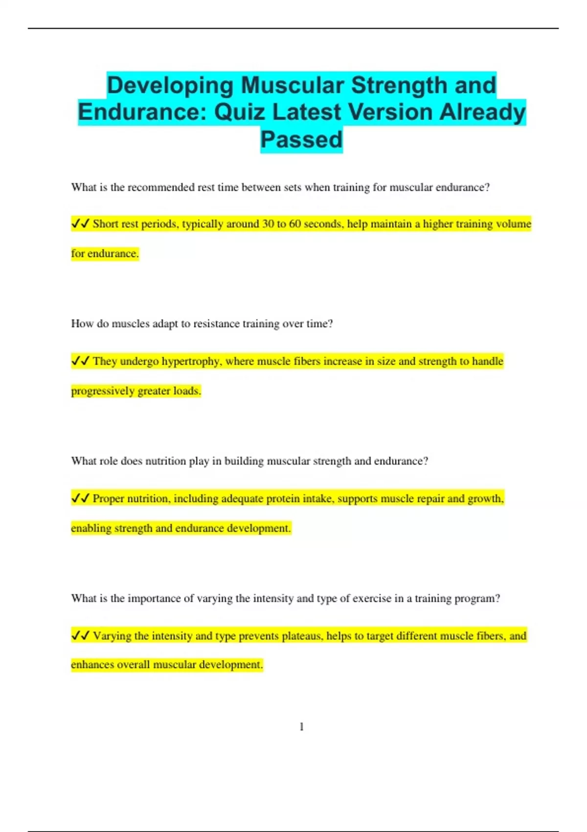 Developing Muscular Strength and Endurance: Quiz Latest Version Already ...