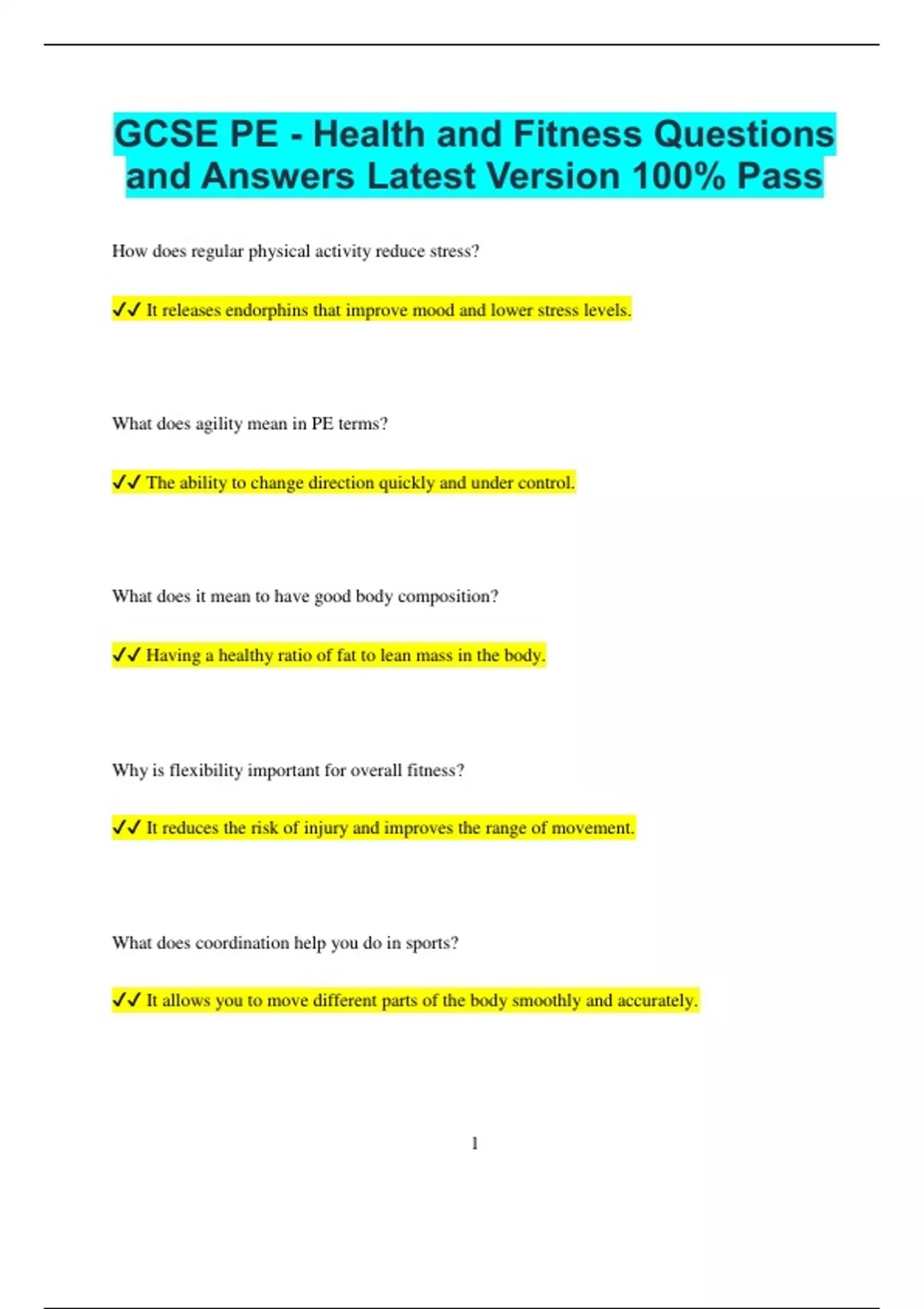 GCSE PE - Health and Fitness Questions and Answers Latest Version 100% ...