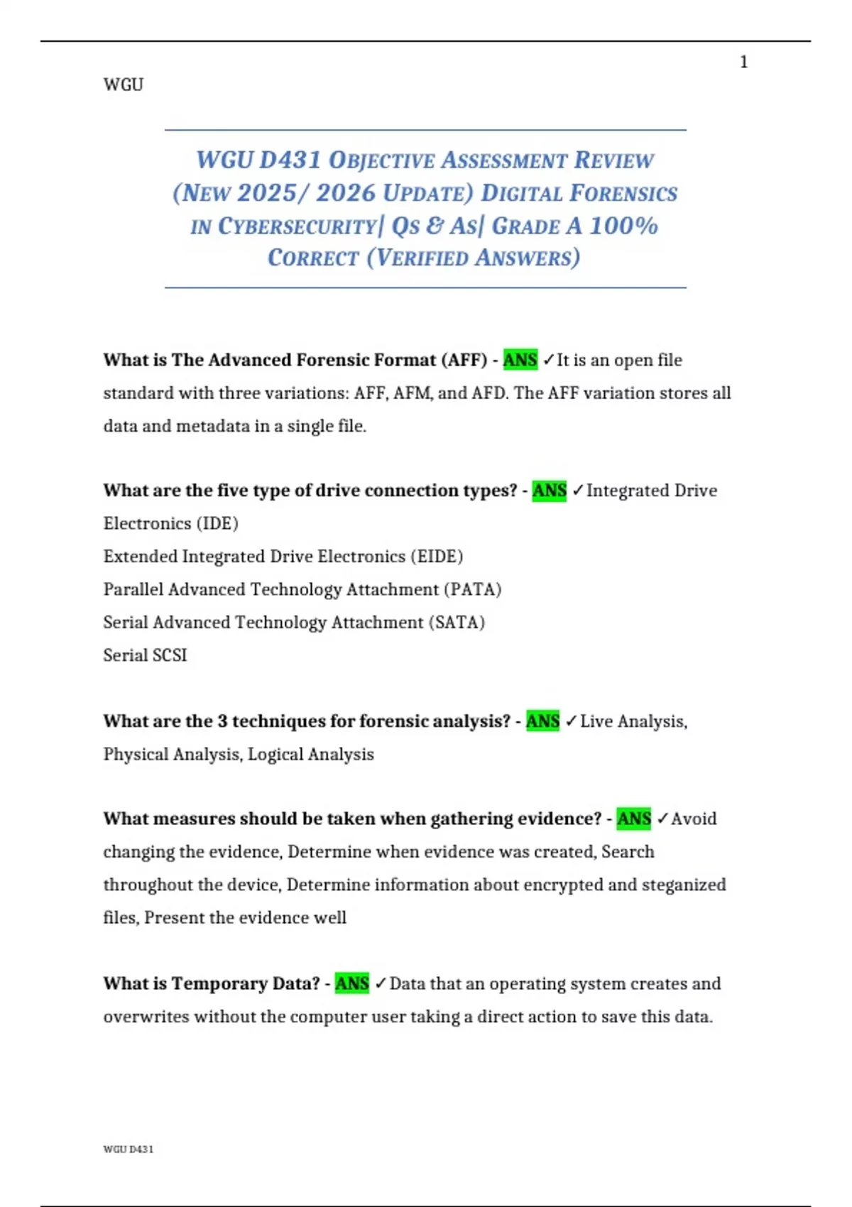 WGU D431 OBJECTIVE ASSESSMENT REVIEW (NEW 2025/ 2026 UPDATE) DIGITAL ...