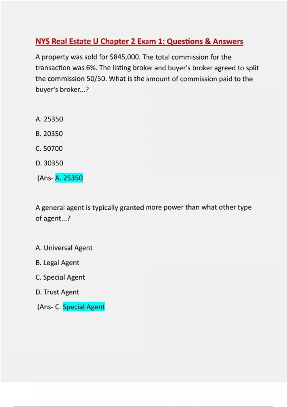 NYS Real Estate U Chapter 2 Exam 1: Questions & Answers: Latest Updated ...