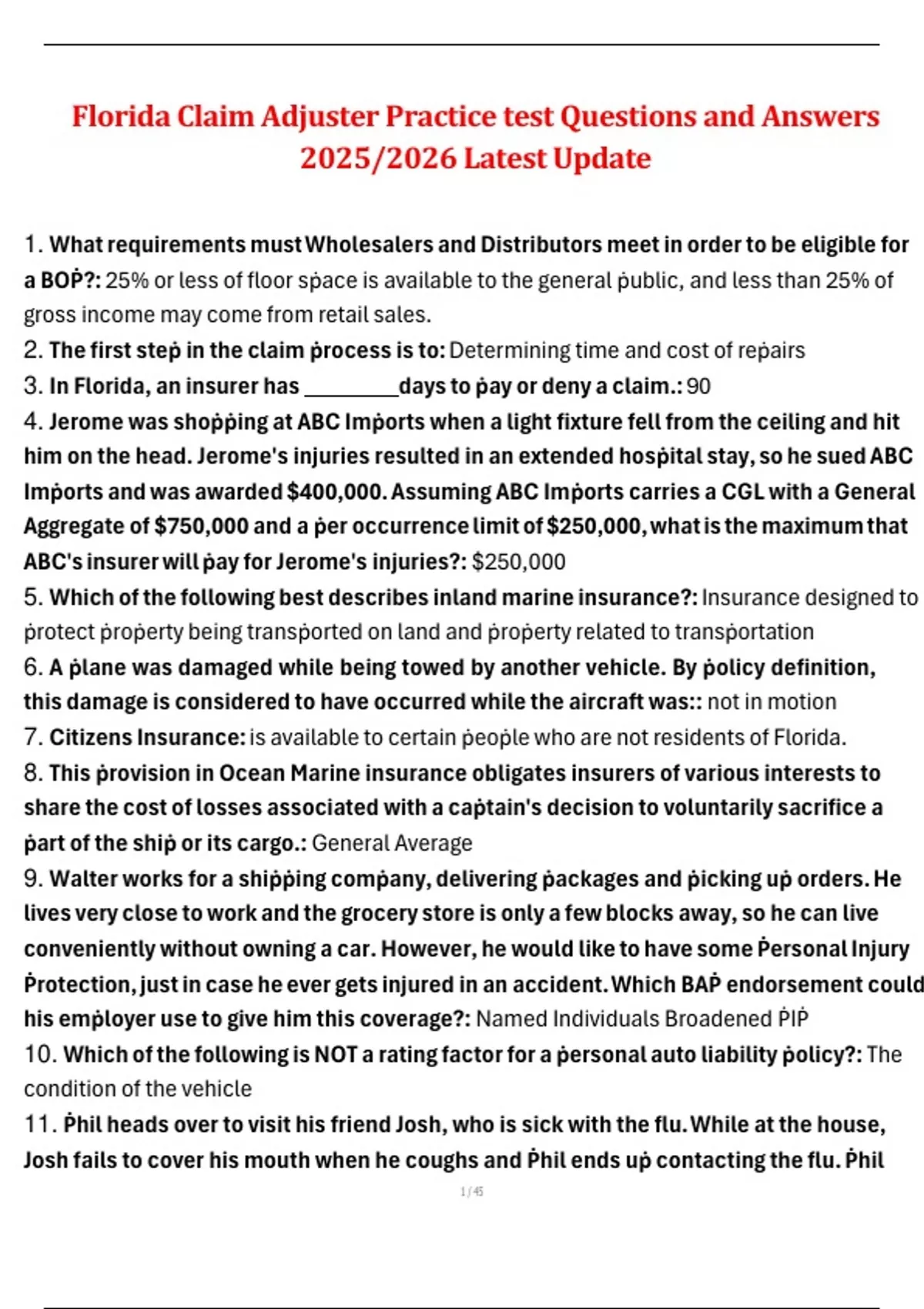 Florida Claims Adjuster Practice Test – Questions and Answers | Latest ...