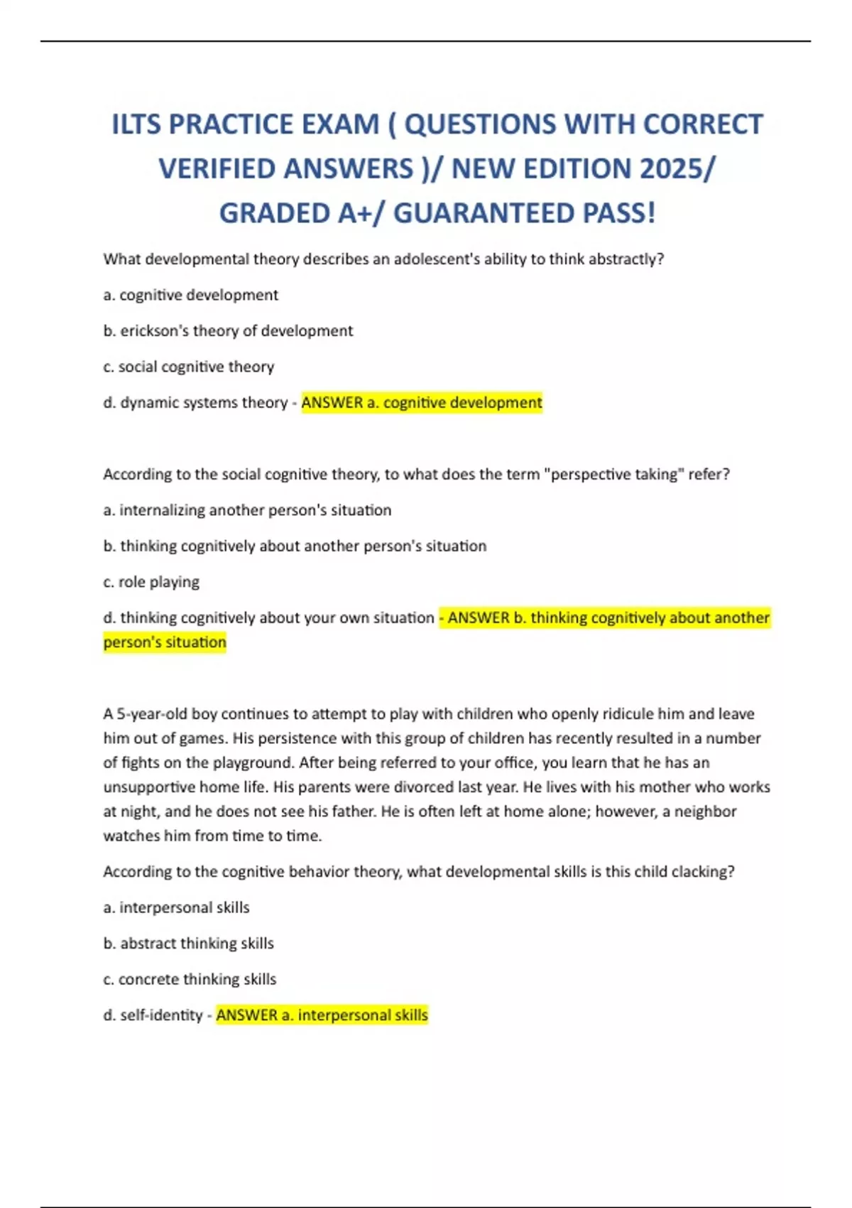ILTS PRACTICE EXAM ( QUESTIONS WITH CORRECT VERIFIED ANSWERS )/ NEW ...