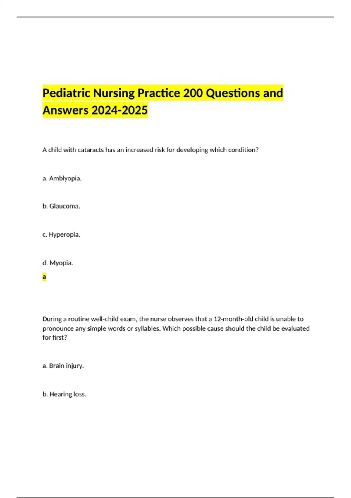 Pediatric Nursing Practice 200 Questions and Answers - Nursing ...