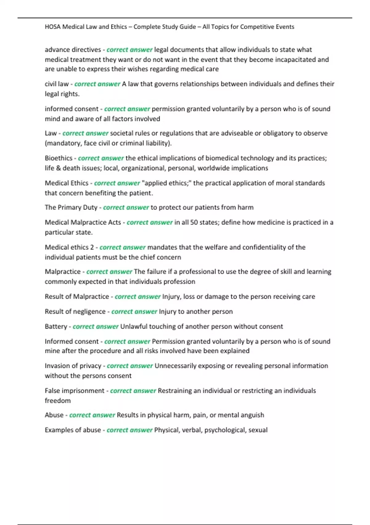 HOSA Medical Law and Ethics – Complete Study Guide – All Topics for Competitive Events - HOSA ...