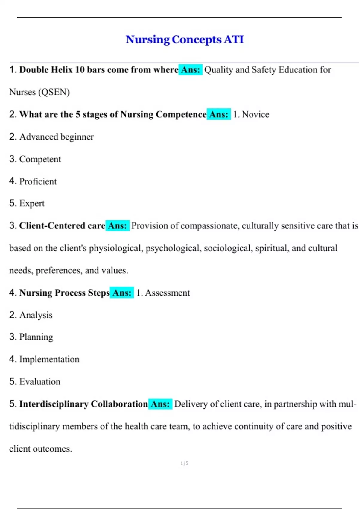 Nursing Concepts ATI Study Guide – QSEN, Nursing Process, and Core ...
