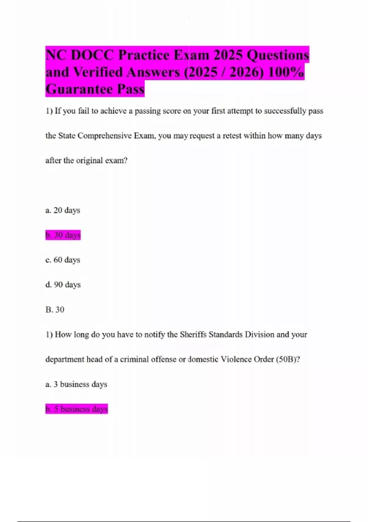 NC DOCC Practice Exam 2025 Questions and Verified Answers (2025 / 2026) 100% Guarantee Pass - NC ...