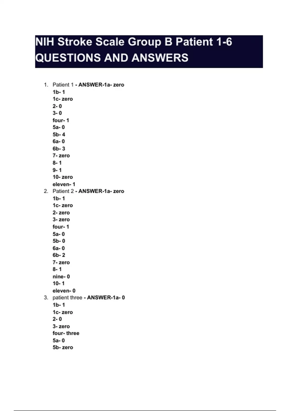 NIH Stroke Scale Group B Patient 1-6 QUESTIONS AND ANSWERS - NIH Stroke ...