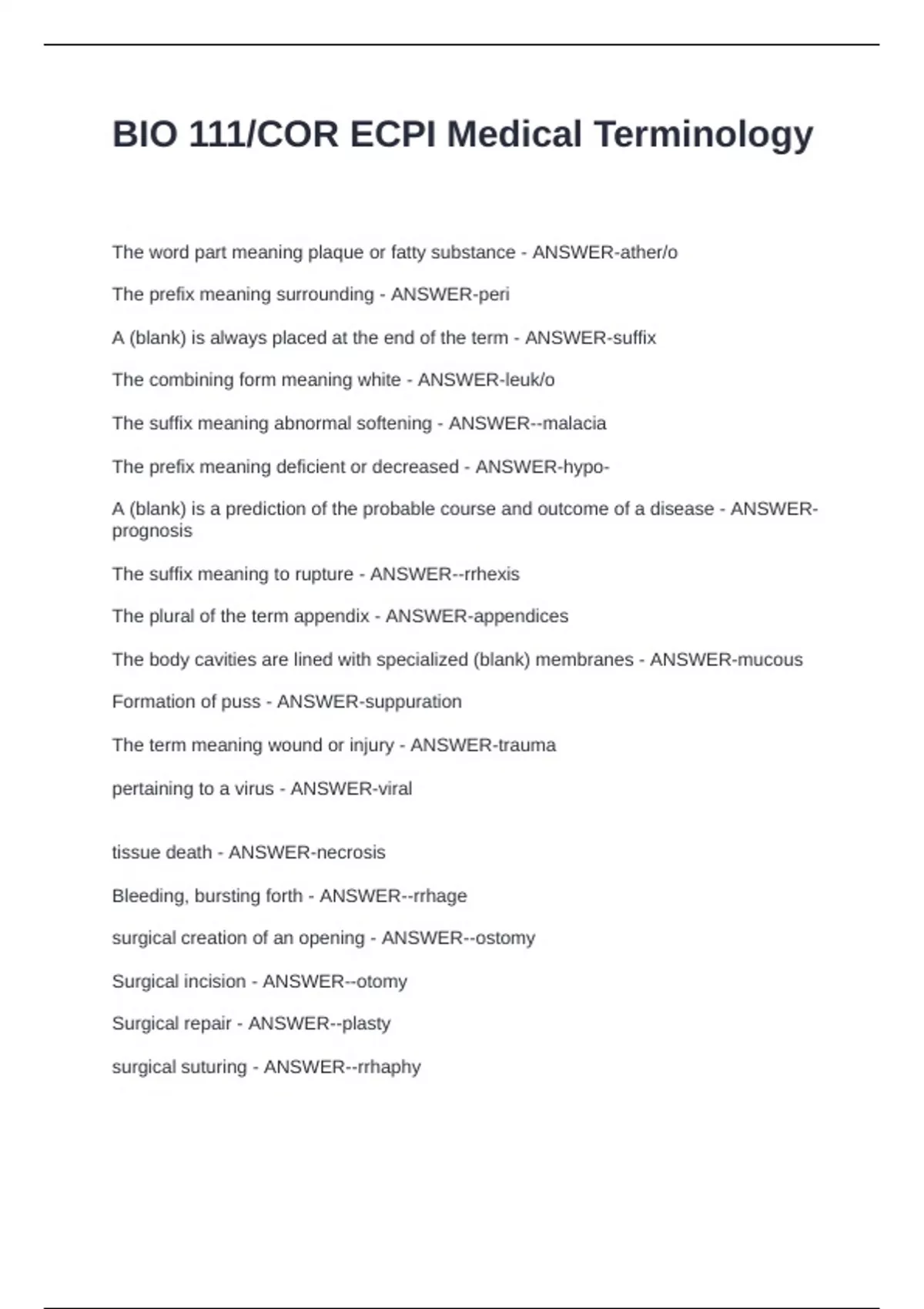 BIO 111 – ECPI University – Medical Terminology – Complete Answer Key ...