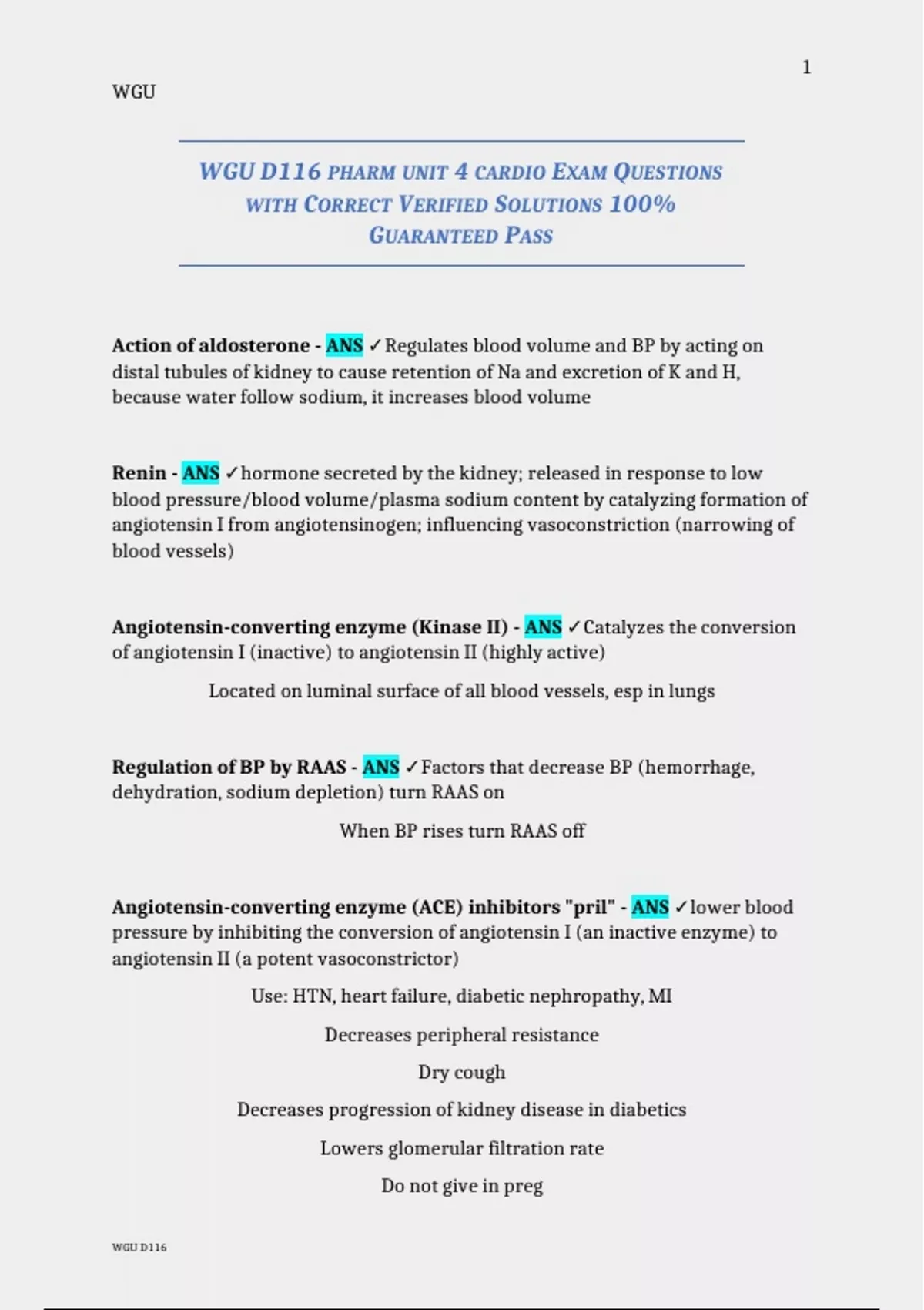WGU D116 PHARM UNIT 4 CARDIO EXAM QUESTIONS WITH CORRECT VERIFIED ...