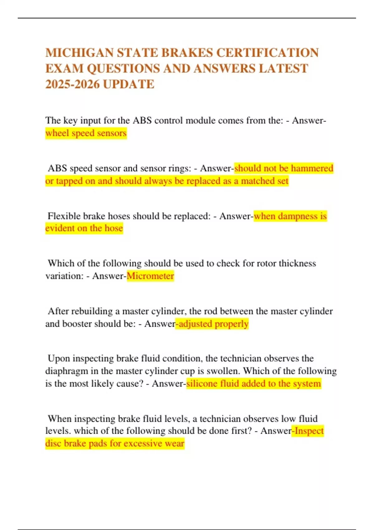 MICHIGAN STATE BRAKES CERTIFICATION EXAM QUESTIONS AND ANSWERS LATEST ...
