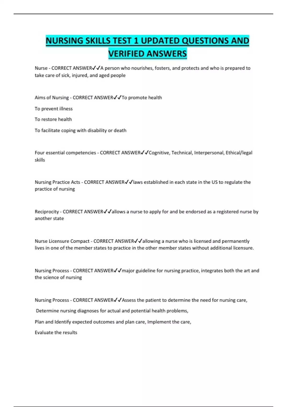 NURSING SKILLS TEST 1 UPDATED QUESTIONS AND VERIFIED ANSWERS - NURSING ...
