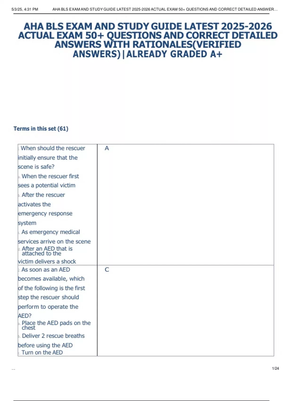 AHA BLS EXAM AND STUDY GUIDE LATEST ACTUAL EXAM 50+ QUESTIONS AND ...