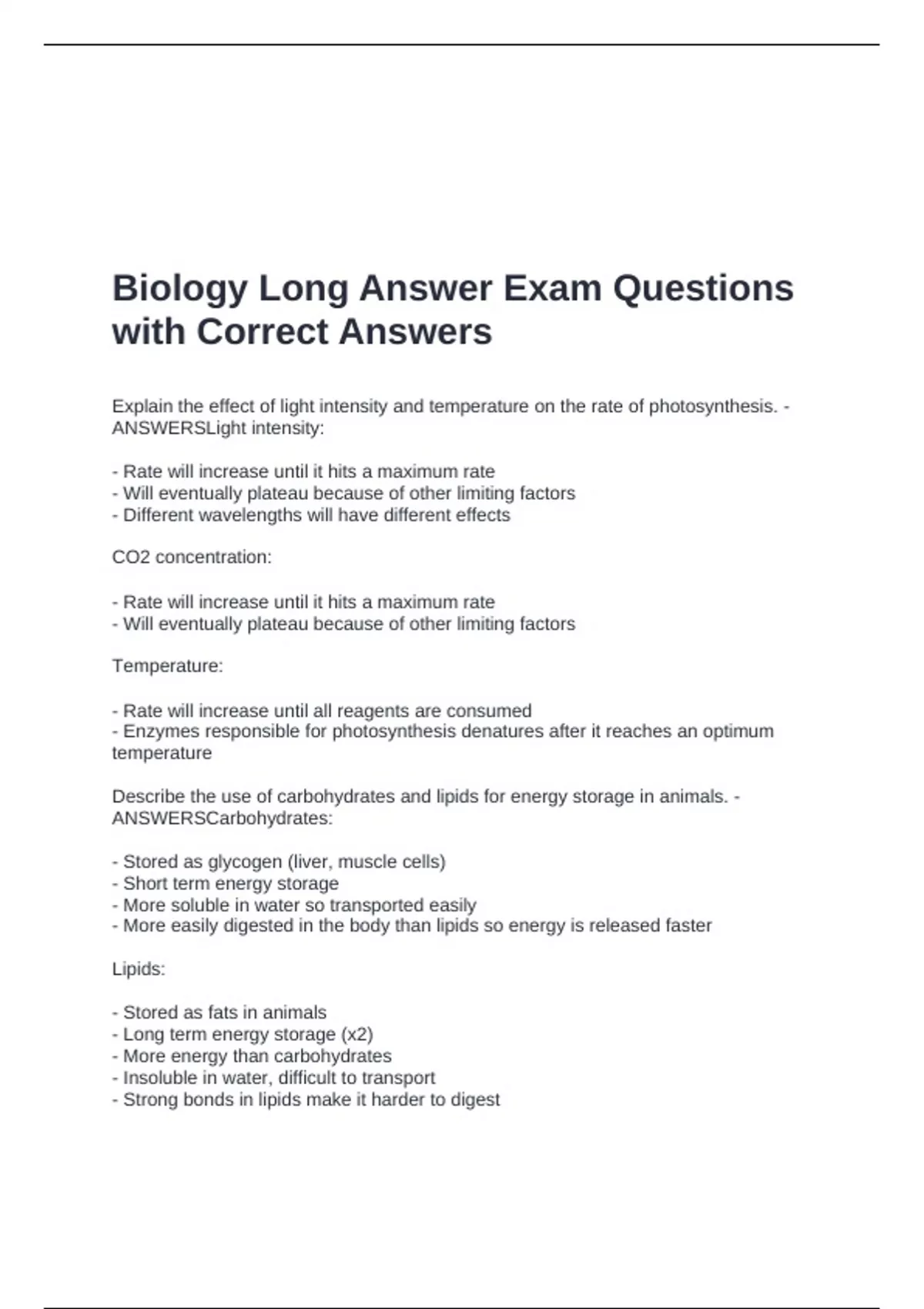 Biology Long Answer Exam Questions with Correct Answers - Biology Long ...