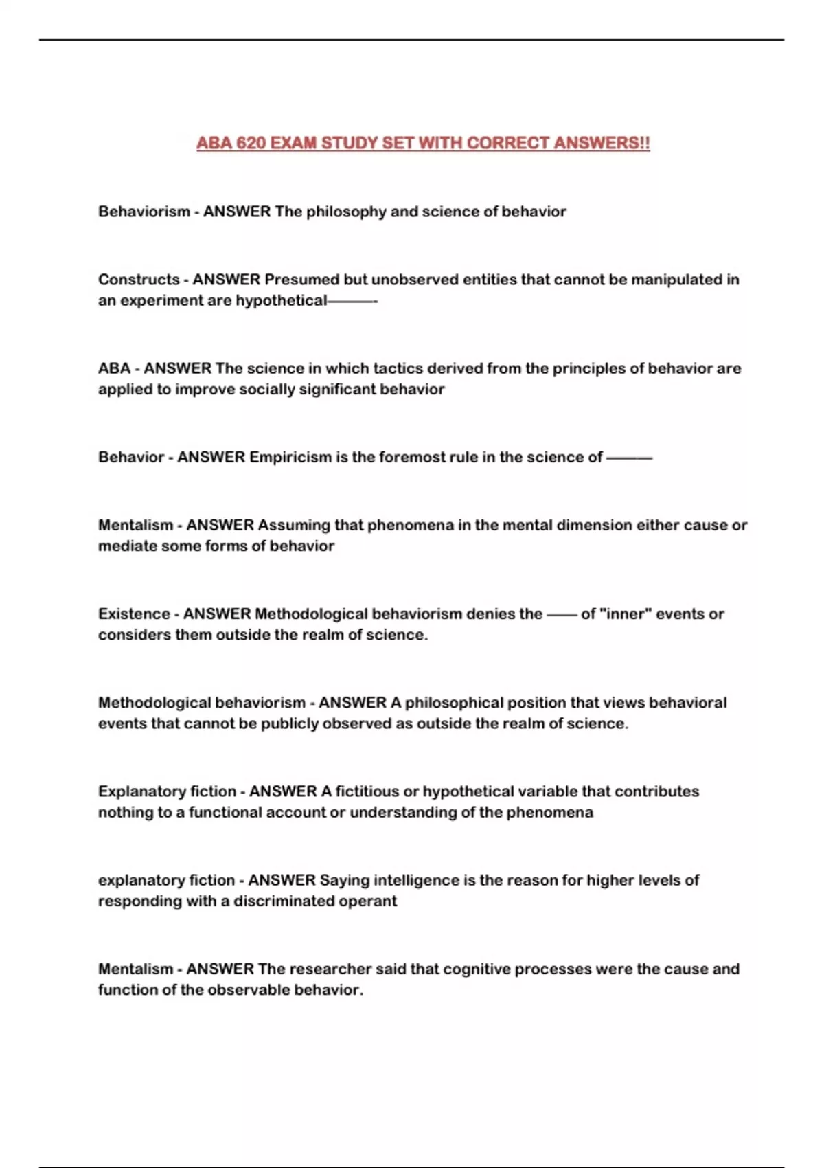 ABA 620 EXAM STUDY SET WITH CORRECT ANSWERS!! - ABA 620 - Stuvia US