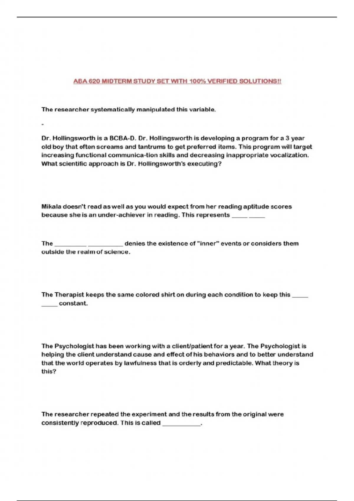 ABA 620 MIDTERM STUDY SET WITH 100% VERIFIED SOLUTIONS!! - ABA 620 ...