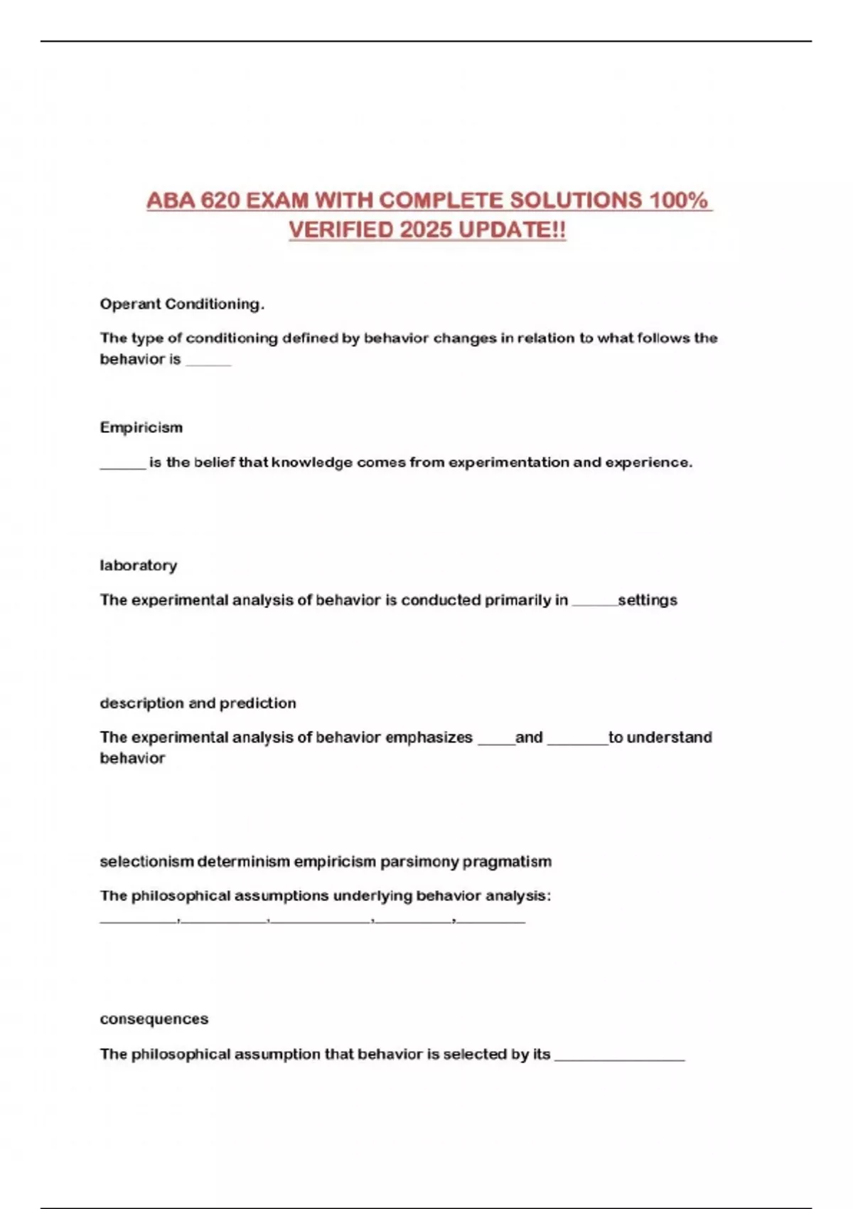 ABA 620 EXAM WITH COMPLETE SOLUTIONS 100% VERIFIED 2025 UPDATE!! - ABA ...