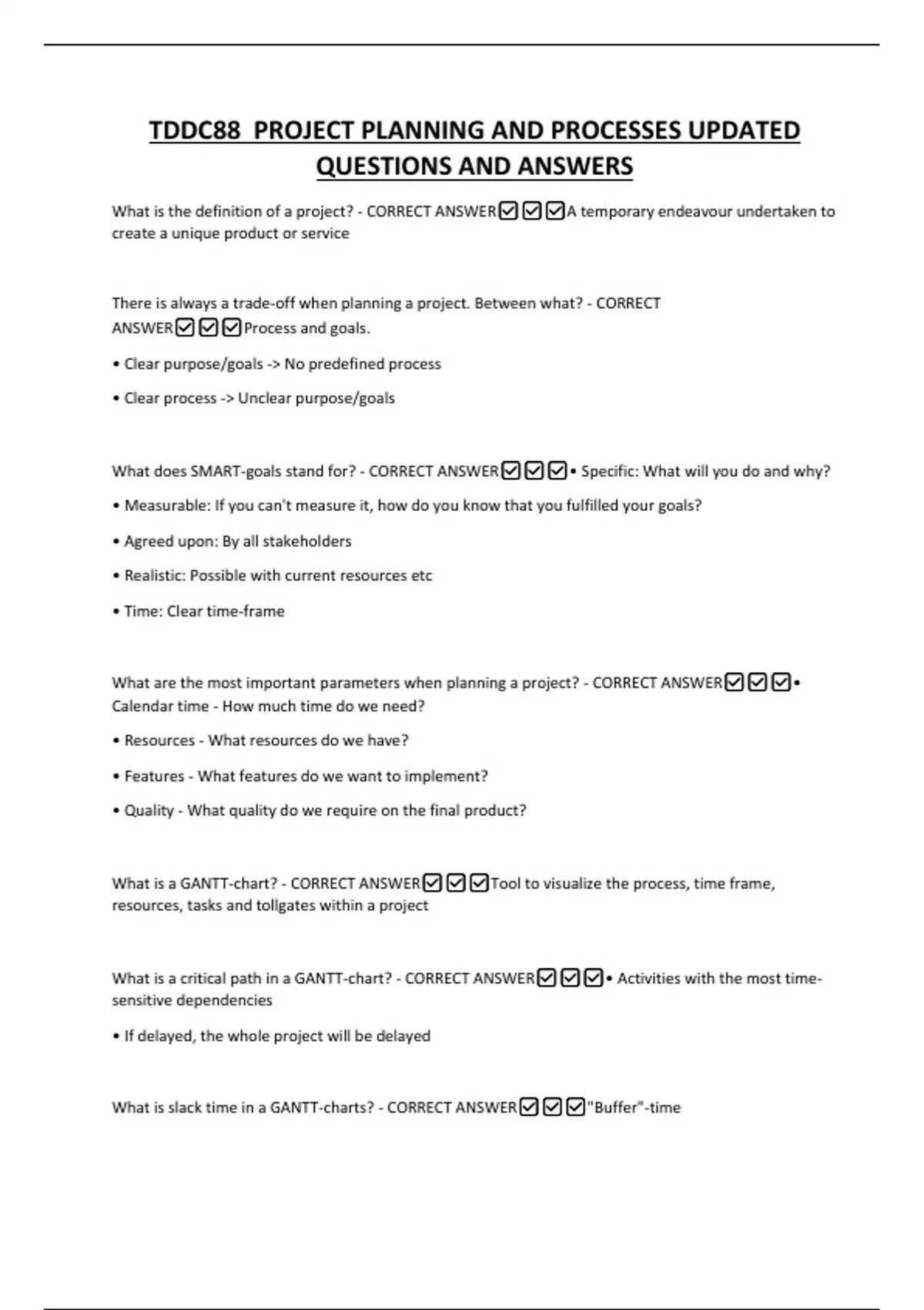 TDDC88 PROJECT PLANNING AND PROCESSES UPDATED QUESTIONS AND ANSWERS ...