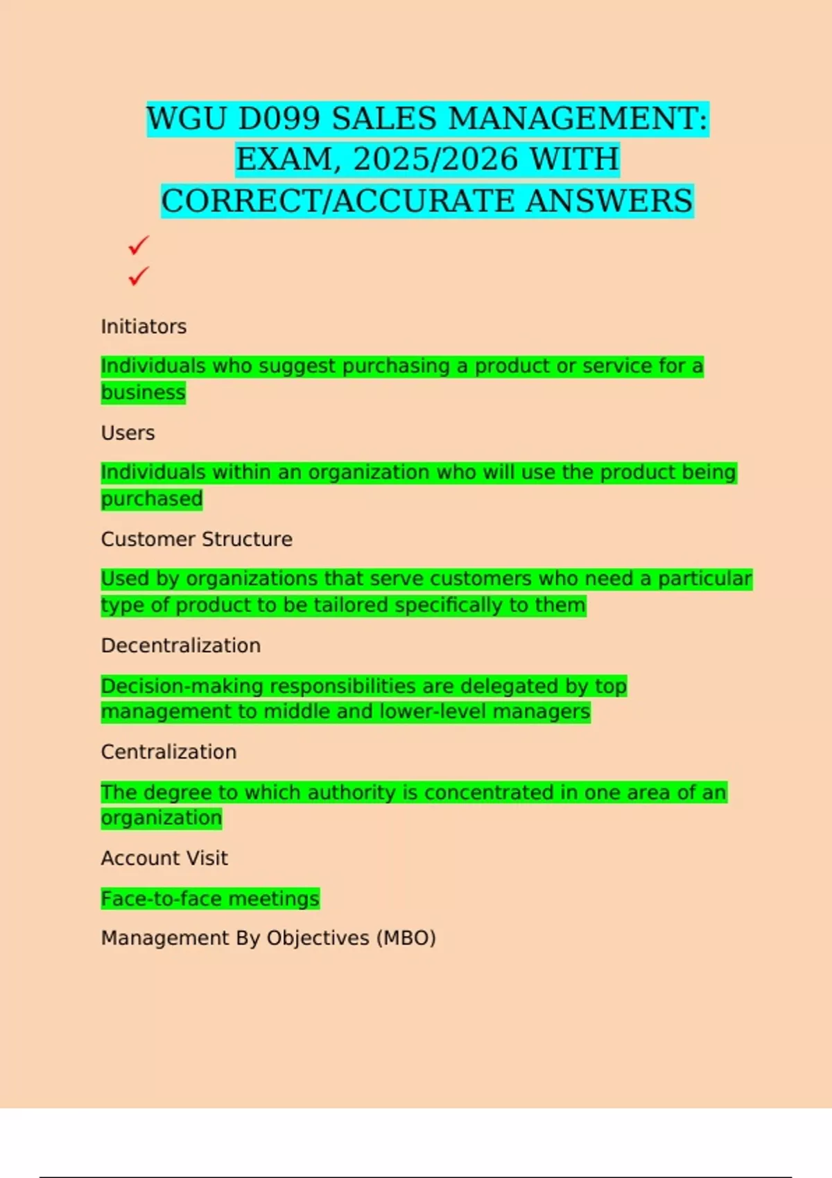 WGU D099 SALES MANAGEMENT: EXAM, 2025/2026 WITH CORRECT/ACCURATE ...