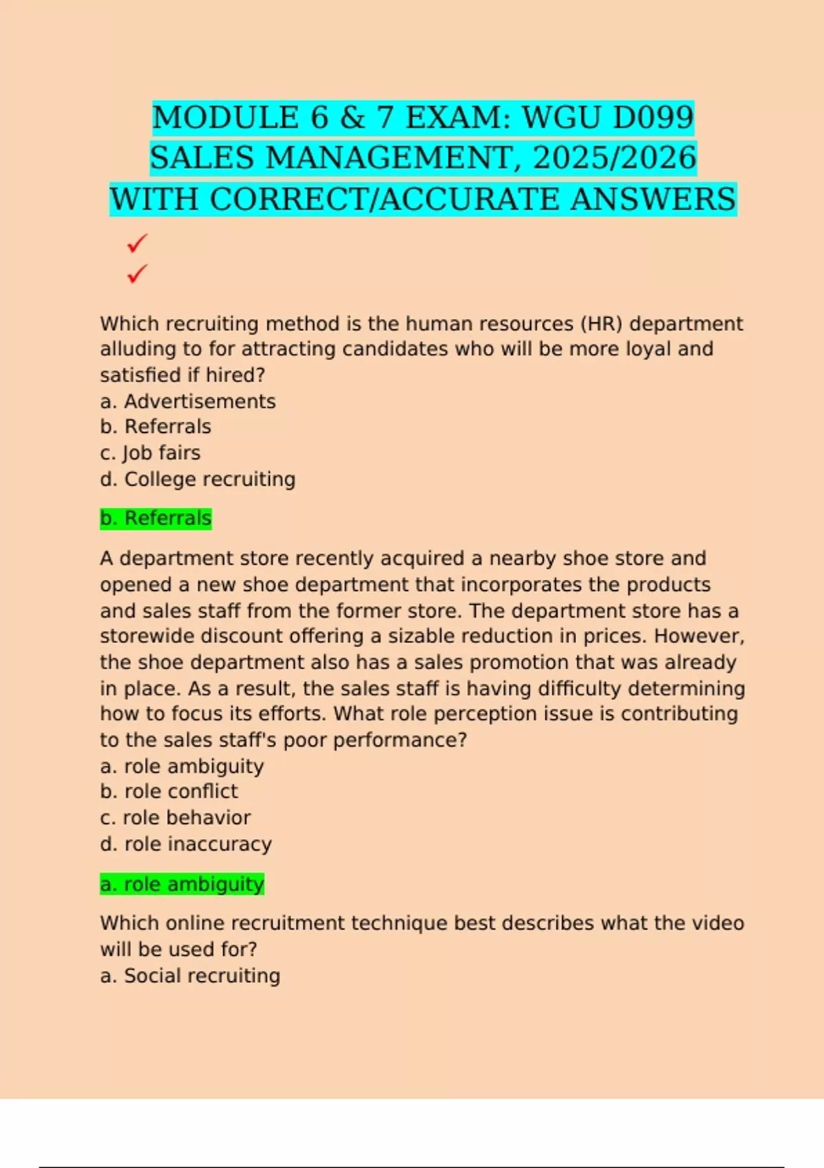 MODULE 6 & 7 EXAM: WGU D099 SALES MANAGEMENT, 2025/2026 WITH CORRECT ...