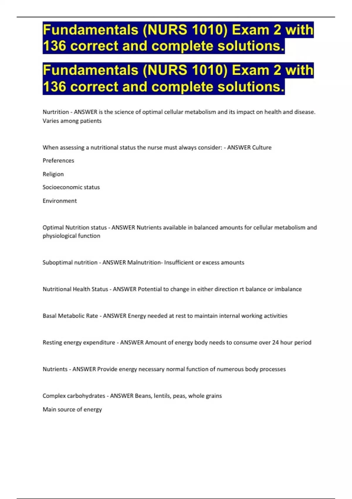 Fundamentals (NURS 1010) Exam 2 with 136 correct and complete solutions ...