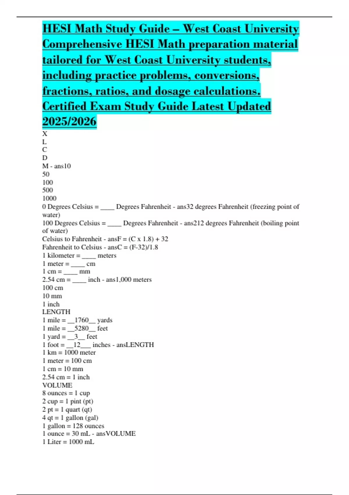 HESI Math Study Guide – West Coast University Comprehensive HESI Math ...