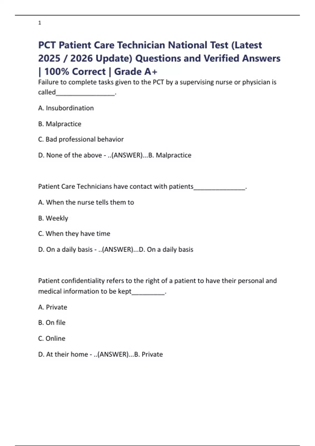 PCT Patient Care Technician National Test (Latest 2025 / 2026 Update ...