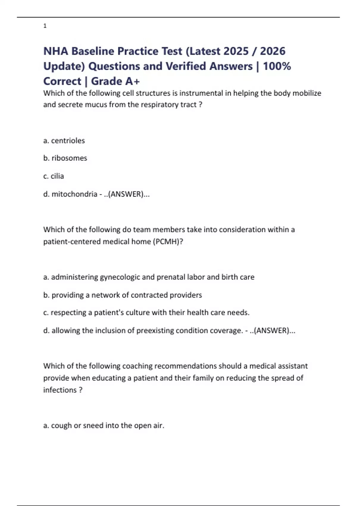 NHA Baseline Practice Test (Latest 2025 / 2026 Update) Questions and ...