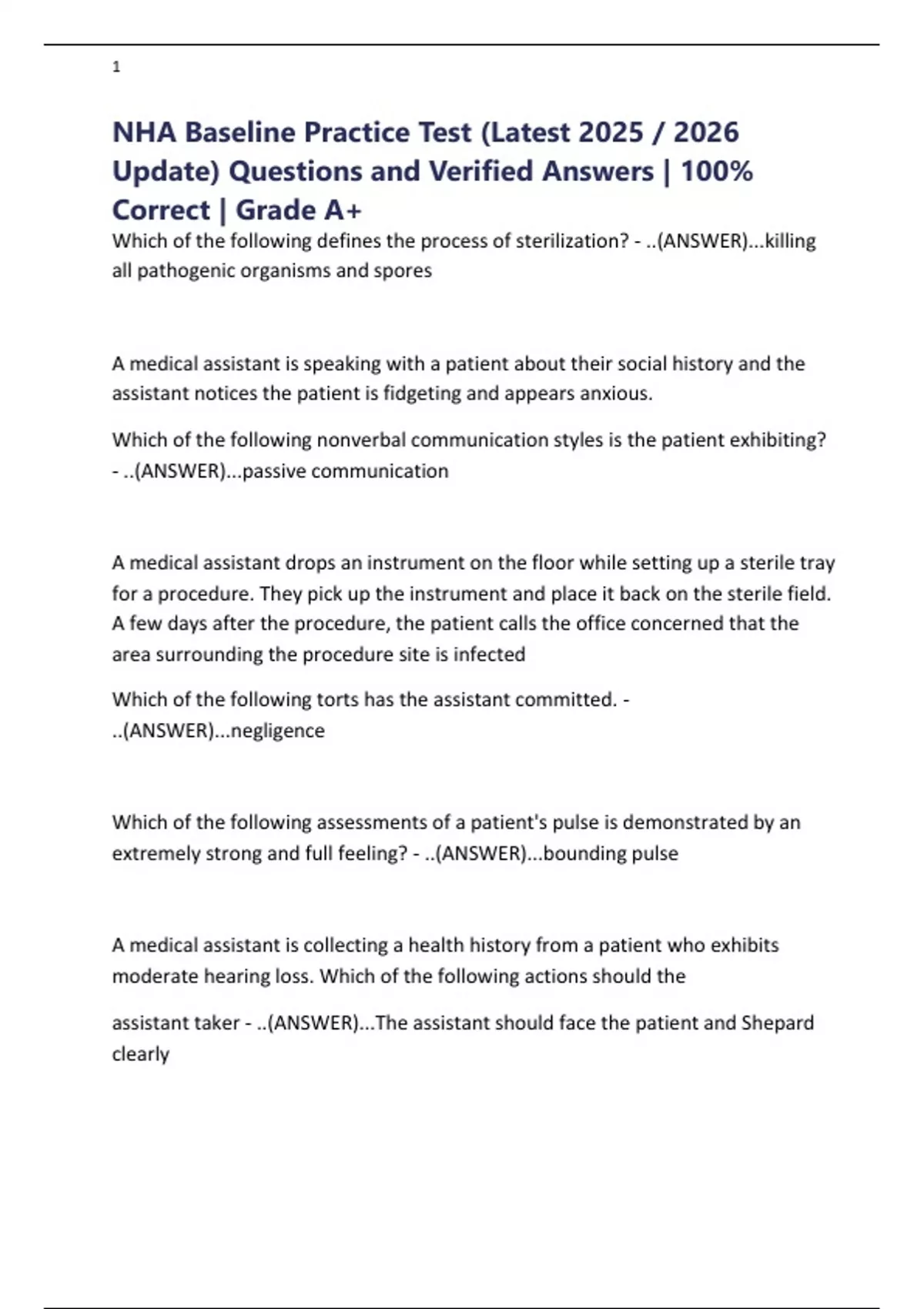 NHA Baseline Practice Test (Latest 2025 / 2026 Update) Questions and ...