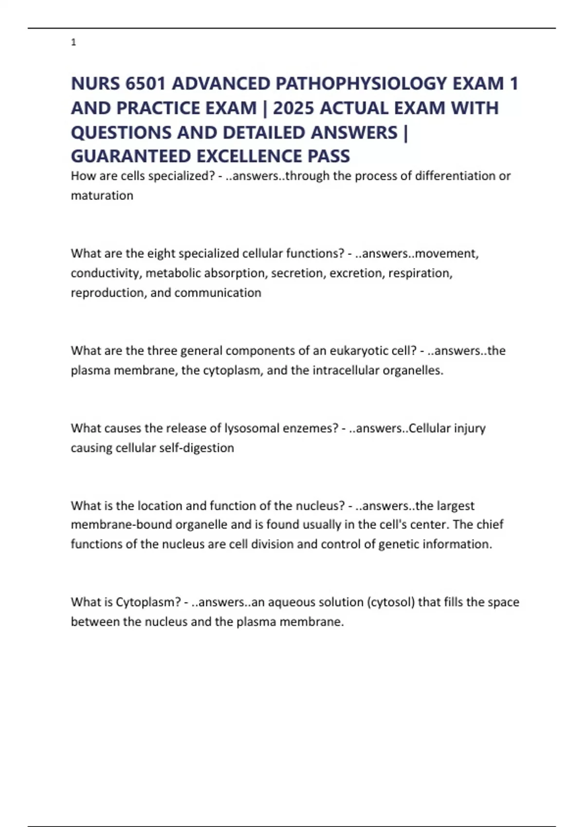 NURS 6501 ADVANCED PATHOPHYSIOLOGY EXAM 1 AND PRACTICE EXAM | 2025 ...