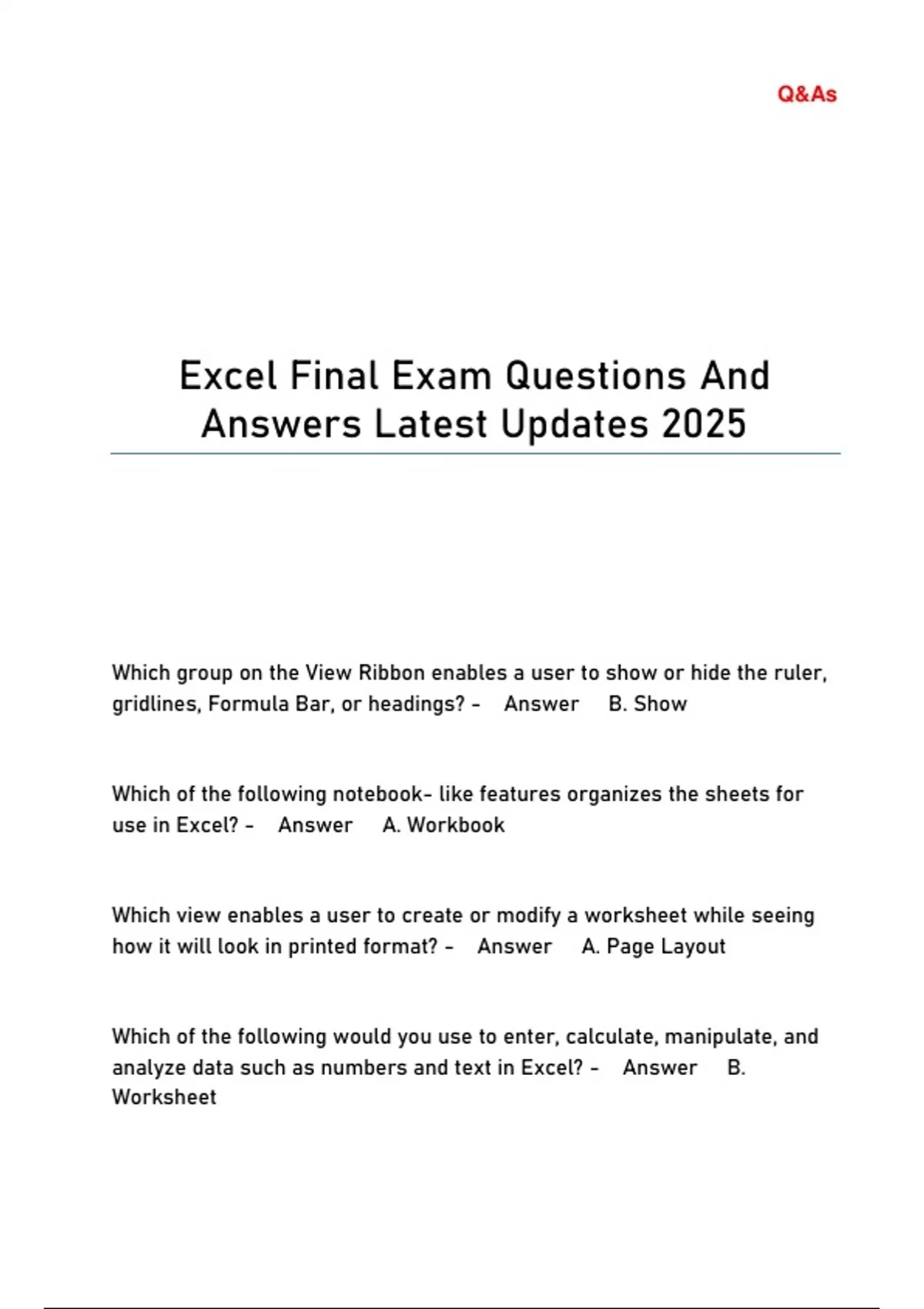 Excel Final Exam Questions And Answers Latest Updates 2025 - Excel ...