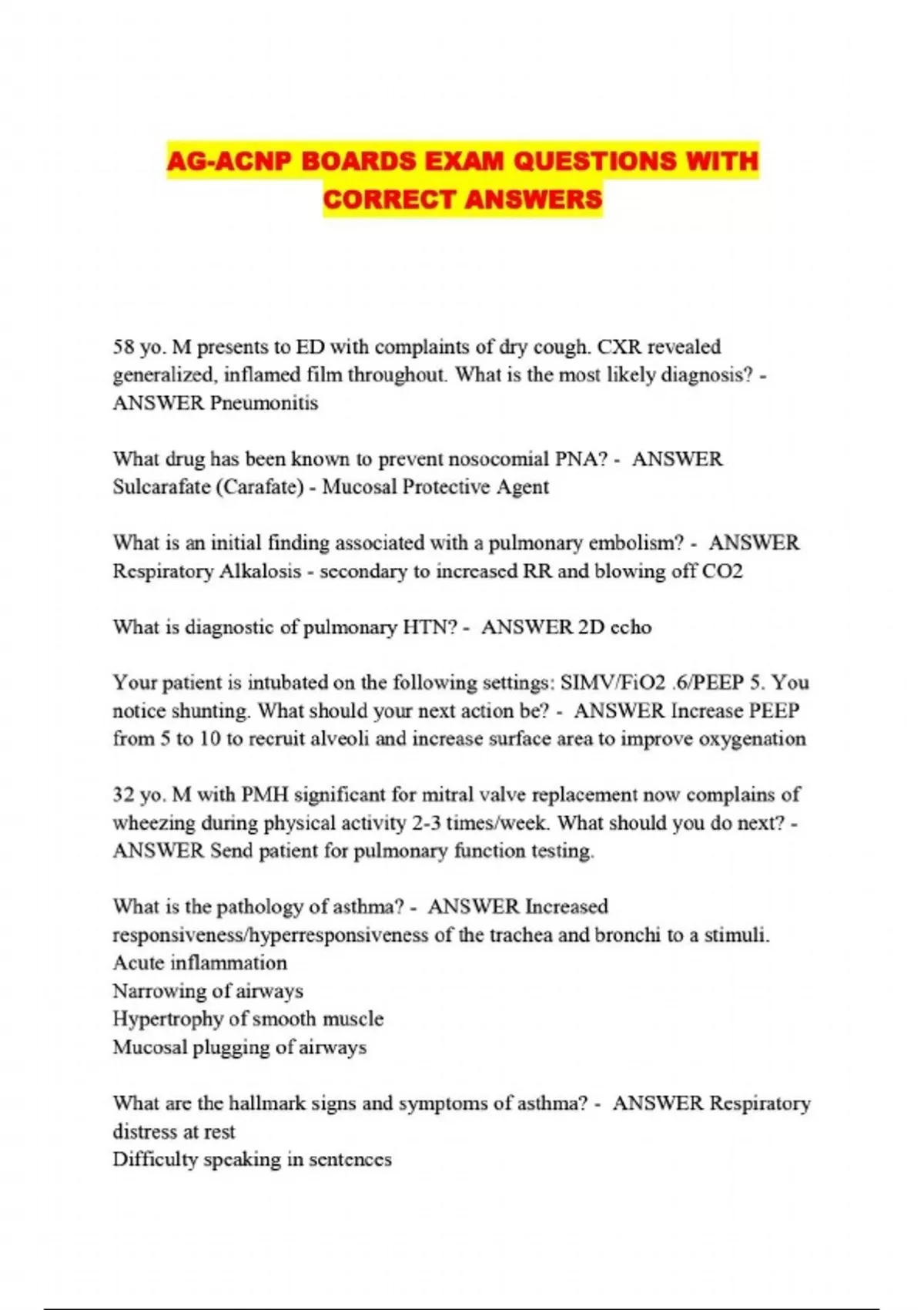 AG-ACNP BOARDS EXAM QUESTIONS WITH CORRECT ANSWERS - AG-ACNP BOARDS ...