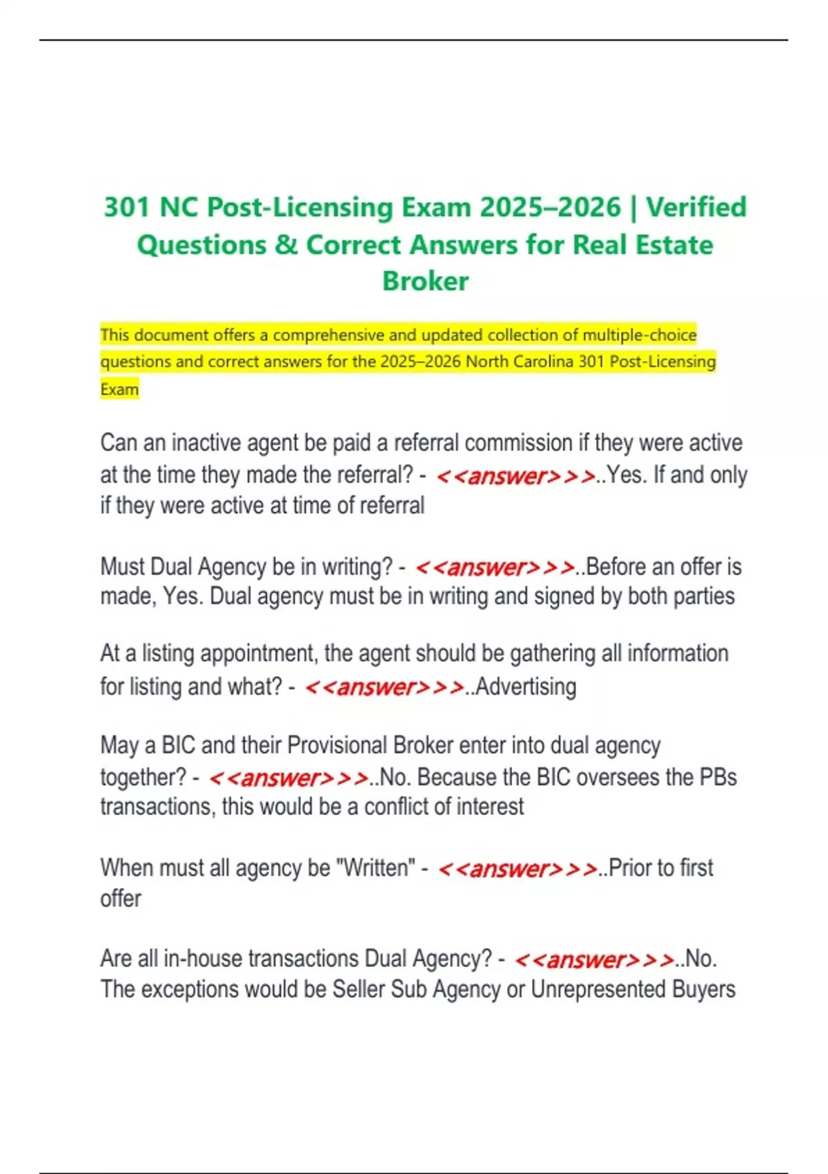 301 NC Post-Licensing Exam 2025–2026 | Verified Questions & Correct Answers for Real Estate ...