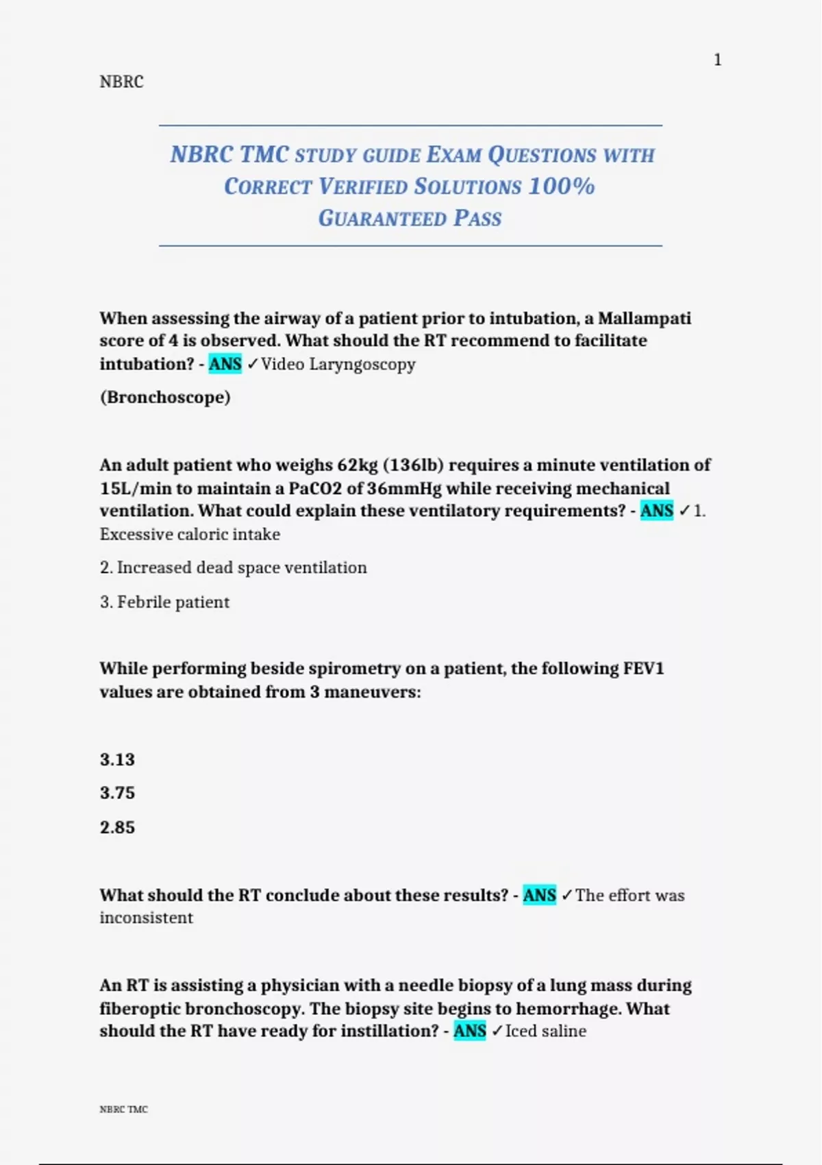NBRC TMC STUDY GUIDE EXAM QUESTIONS WITH CORRECT VERIFIED SOLUTIONS 100 ...