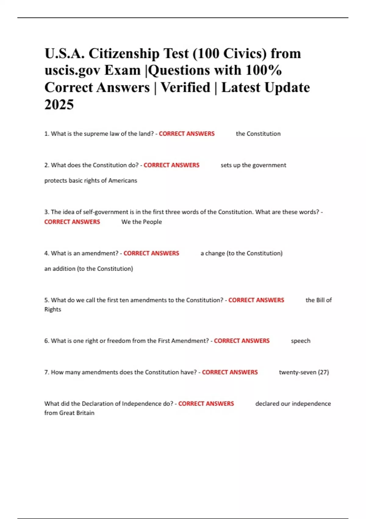 Summary U.S.A. Citizenship Test (100 Civics) from uscis.gov Exam ...