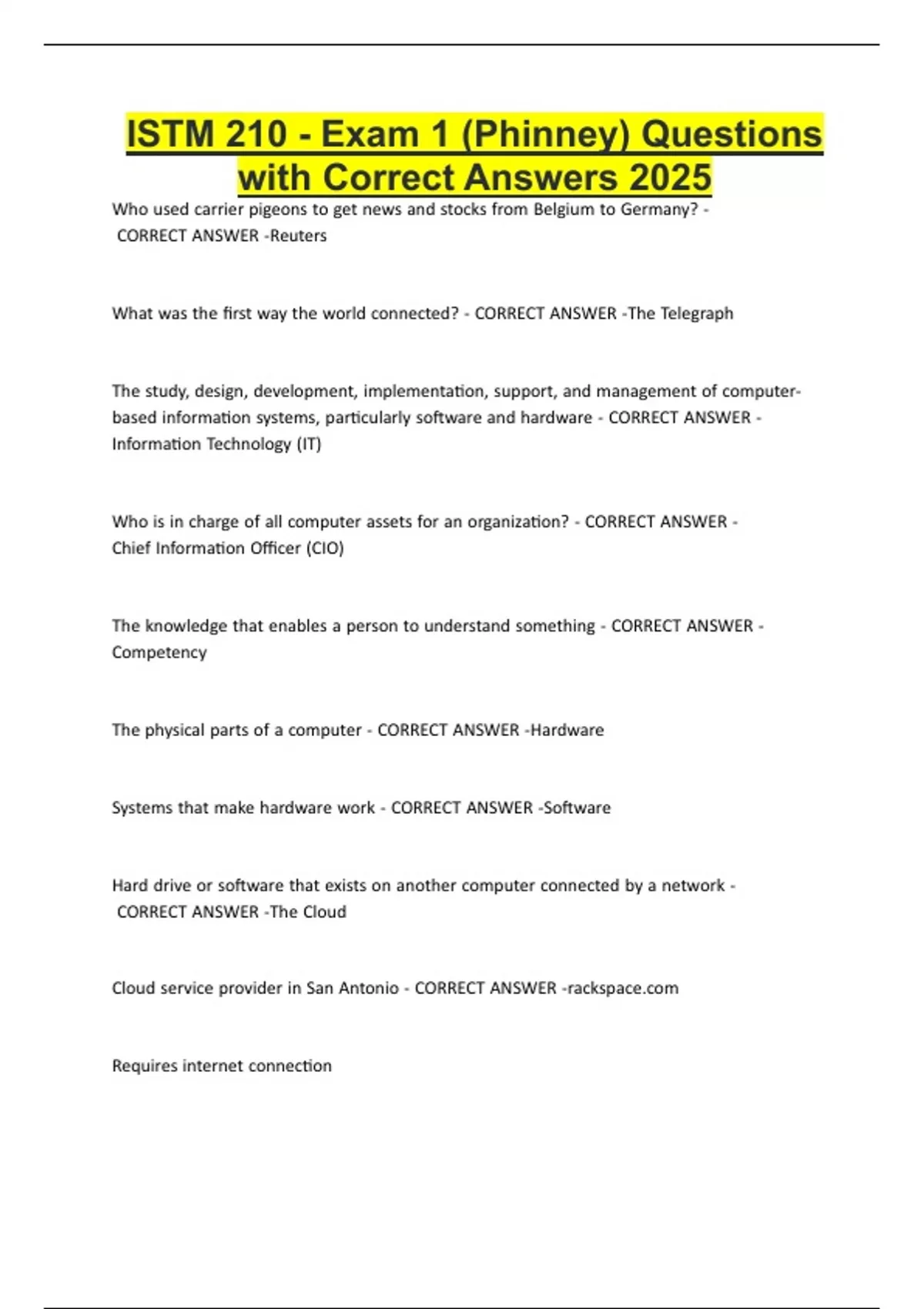 ISTM 210 - Exam 1 (Phinney) Questions with Correct Answers 2025 - Istm ...