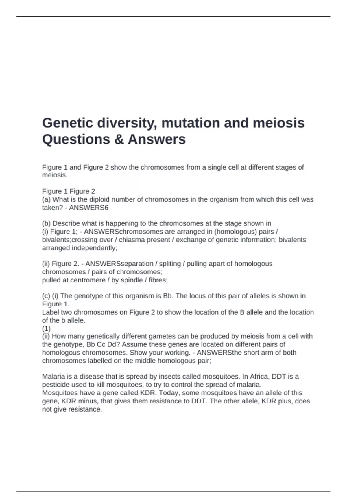 Genetic diversity, mutation and meiosis Questions & Answers - Genetic diversity, mutation and ...