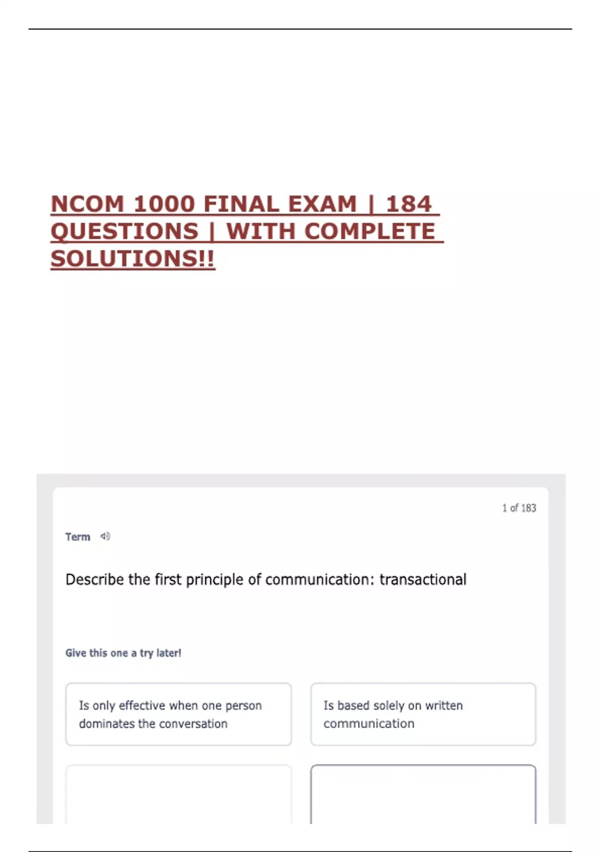 NCOM 1000 FINAL EXAM | 184 QUESTIONS | WITH COMPLETE SOLUTIONS!! - NCOM ...