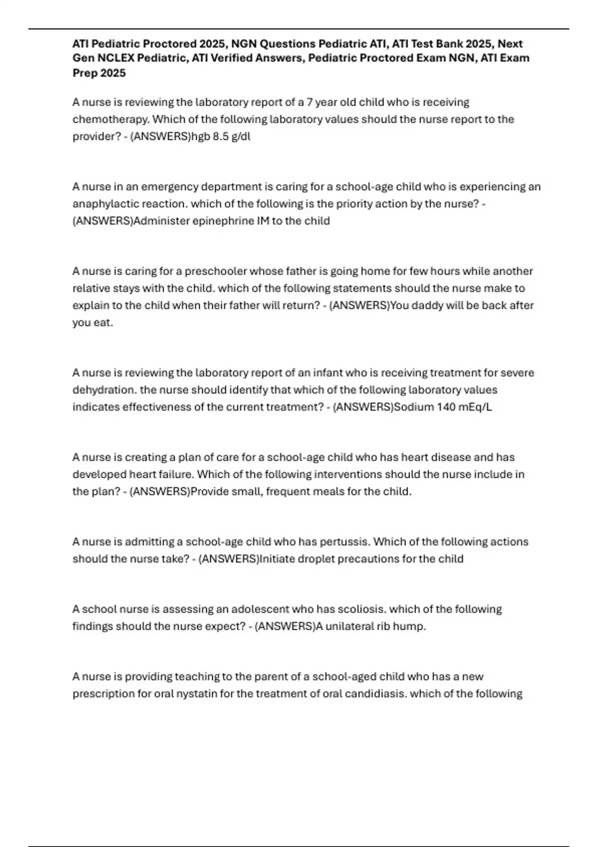 ATI Pediatric Proctored 2025, NGN Questions Pediatric ATI, ATI Test ...