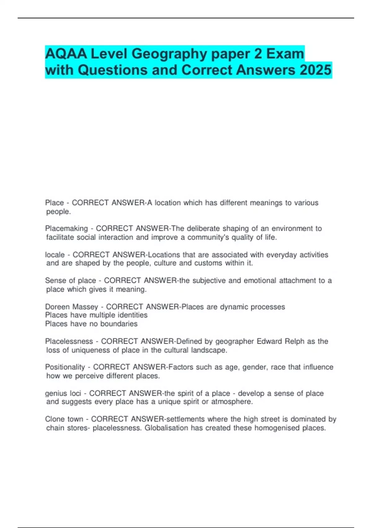 AQAA Level Geography paper 2 Exam with Questions and Correct Answers ...