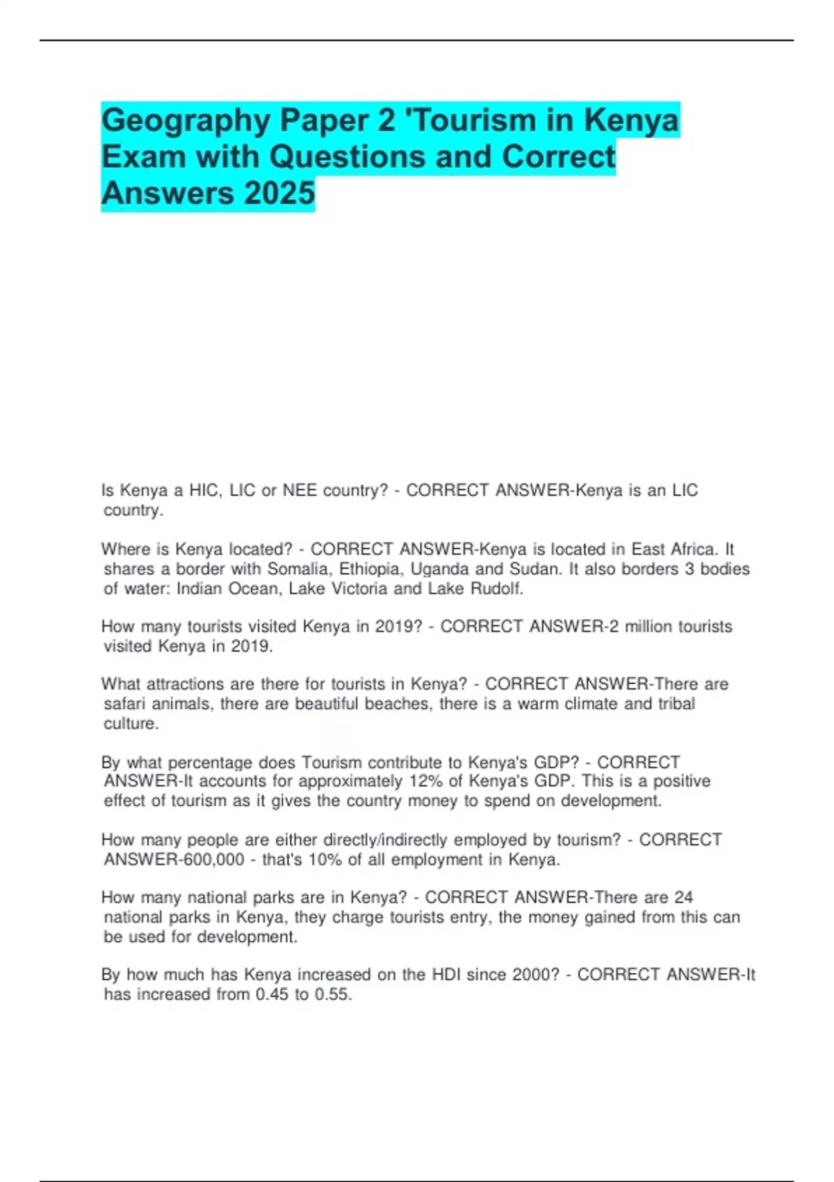 Geography Paper 2 -Tourism in Kenya Exam with Questions and Correct ...