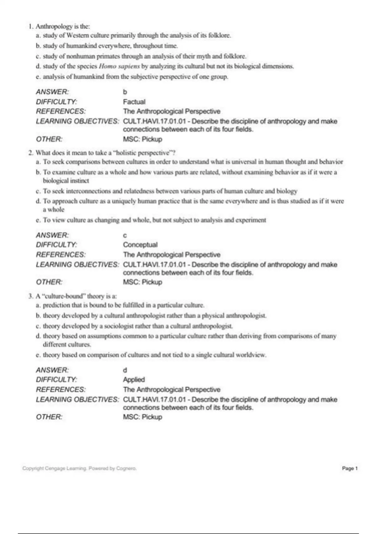 Test bank, questions: Cultural Anthropology The Human Challenge ...