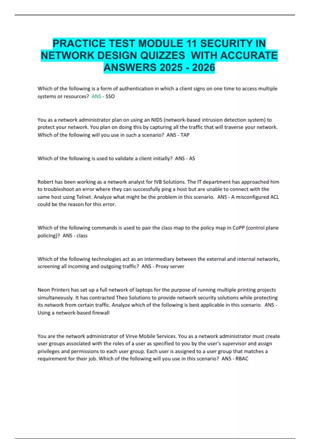 PRACTICE TEST MODULE 11 SECURITY IN NETWORK DESIGN QUIZZES WITH ...