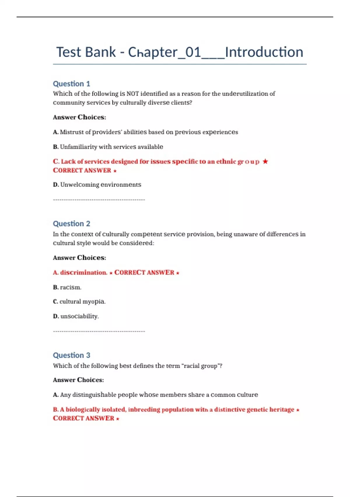 Test bank, questions: Cultural Diversity A Primer for the Human ...